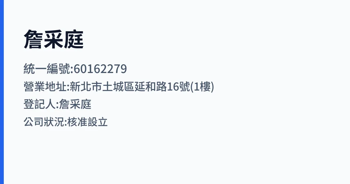 詹采庭 - 統編 60162279(新北市) 公司登記資料與營業項目詳細圖表