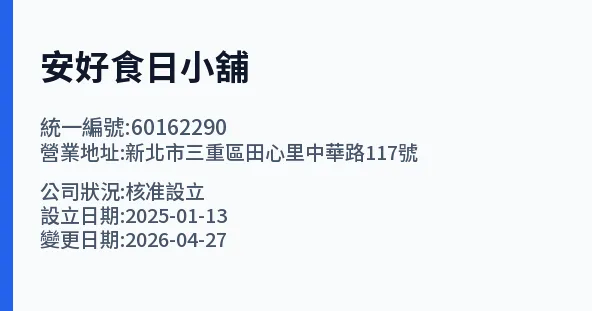 安好食日小舖的照片-統編 60162290(新北市) 公司登記資料與營業項目詳細圖表