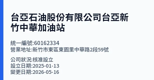 台亞石油股份有限公司台亞新竹中華加油站的照片-統編 60162334(新竹市) 公司登記資料與營業項目詳細圖表