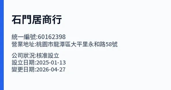 石門居商行的照片-統編 60162398(桃園市) 公司登記資料與營業項目詳細圖表