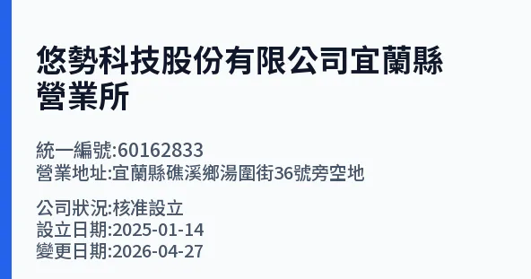 悠勢科技股份有限公司宜蘭縣營業所的照片-統編 60162833(宜蘭縣) 公司登記資料與營業項目詳細圖表