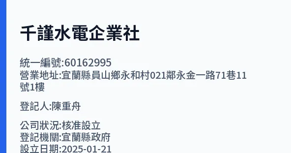 千謹水電企業社的照片-統編 60162995(宜蘭縣) 公司登記資料與營業項目詳細圖表