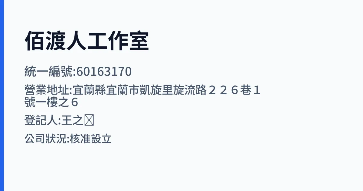 佰渡人工作室 - 統編 60163170(宜蘭縣) 公司登記資料與營業項目詳細圖表