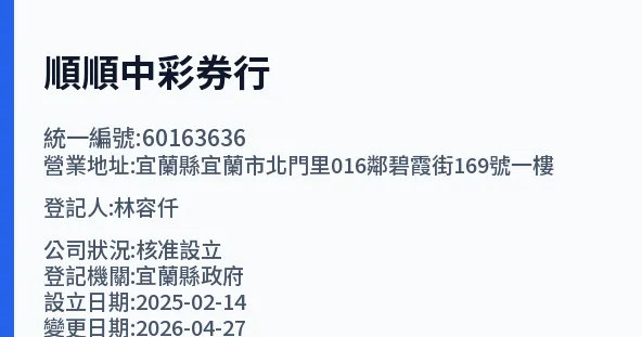 順順中彩券行的照片-統編 60163636(宜蘭縣) 公司登記資料與營業項目詳細圖表