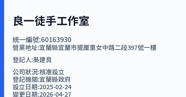 良一徒手工作室的照片-統編 60163930(宜蘭縣) 公司登記資料與營業項目詳細圖表