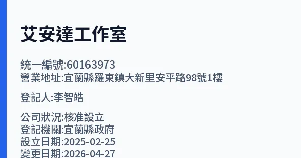 艾安達工作室的照片-統編 60163973(宜蘭縣) 公司登記資料與營業項目詳細圖表