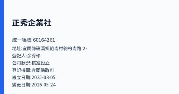 正秀企業社的照片-統編 60164261(宜蘭縣) 公司登記資料與營業項目詳細圖表