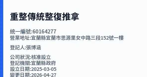 重整傳統整復推拿的照片-統編 60164277(宜蘭縣) 公司登記資料與營業項目詳細圖表