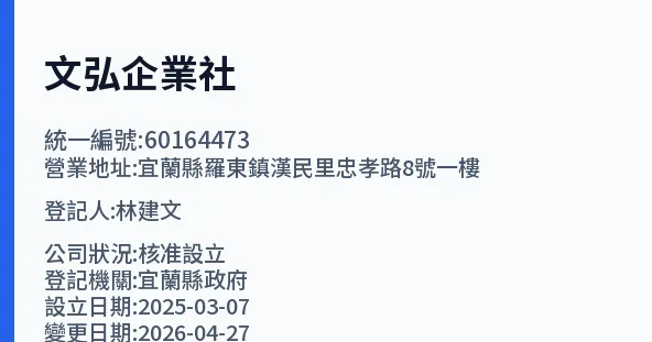 文弘企業社的照片-統編 60164473(宜蘭縣) 公司登記資料與營業項目詳細圖表