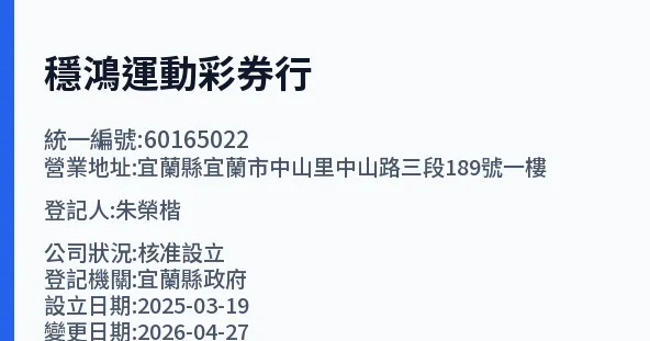 穩鴻運動彩券行的照片-統編 60165022(宜蘭縣) 公司登記資料與營業項目詳細圖表