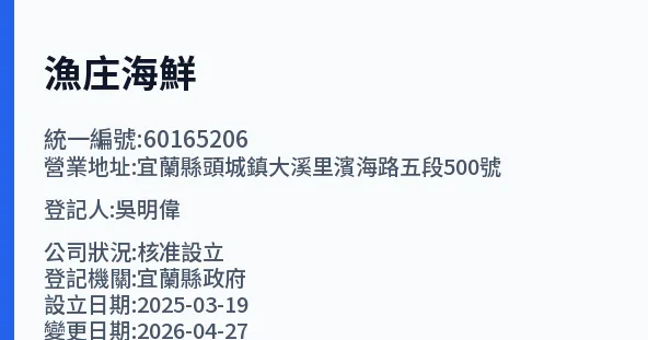 漁庄海鮮的照片-統編 60165206(宜蘭縣) 公司登記資料與營業項目詳細圖表