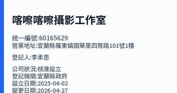 喀嚓喀嚓攝影工作室的照片-統編 60165629(宜蘭縣) 公司登記資料與營業項目詳細圖表