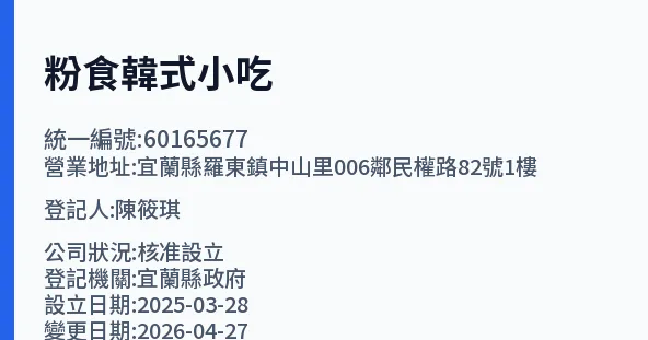 粉食韓式小吃的照片-統編 60165677(宜蘭縣) 公司登記資料與營業項目詳細圖表