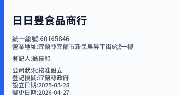 日日豐食品商行的照片-統編 60165846(宜蘭縣) 公司登記資料與營業項目詳細圖表