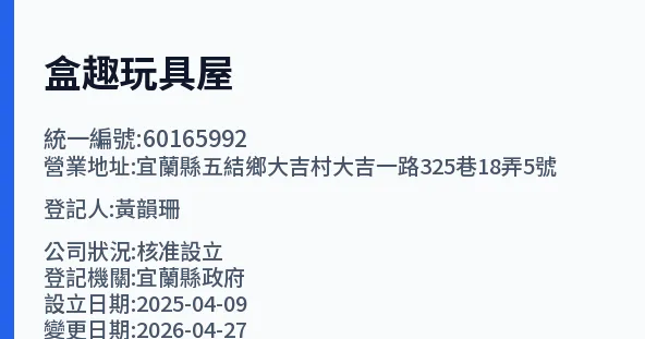 盒趣玩具屋的照片-統編 60165992(宜蘭縣) 公司登記資料與營業項目詳細圖表