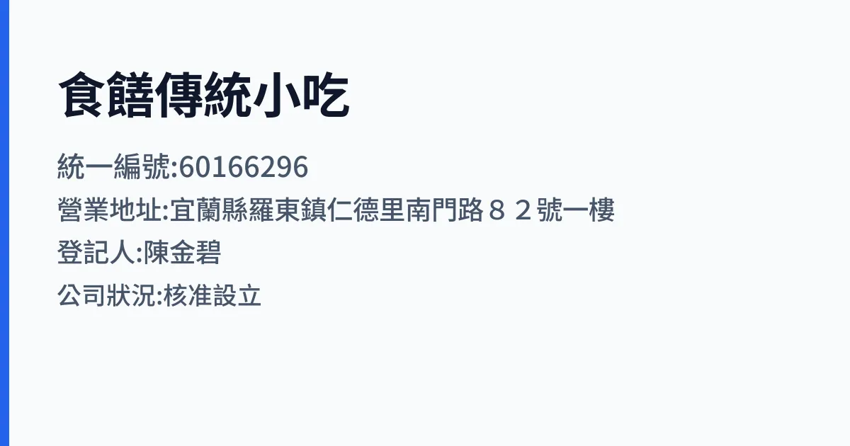 食饍傳統小吃 - 統編 60166296(宜蘭縣) 公司登記資料與營業項目詳細圖表
