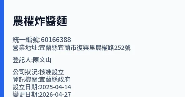 農權炸醬麵的照片-統編 60166388(宜蘭縣) 公司登記資料與營業項目詳細圖表