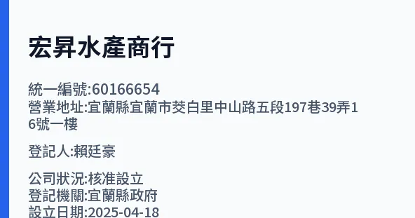 宏昇水產商行的照片-統編 60166654(宜蘭縣) 公司登記資料與營業項目詳細圖表