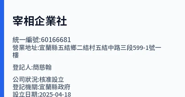 宰相企業社的照片-統編 60166681(宜蘭縣) 公司登記資料與營業項目詳細圖表