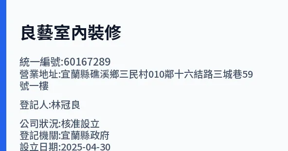 良藝室內裝修的照片-統編 60167289(宜蘭縣) 公司登記資料與營業項目詳細圖表