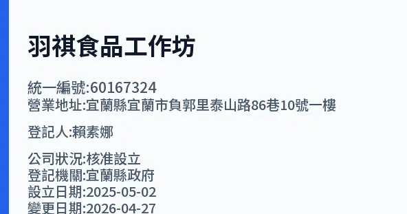 羽祺食品工作坊的照片-統編 60167324(宜蘭縣) 公司登記資料與營業項目詳細圖表