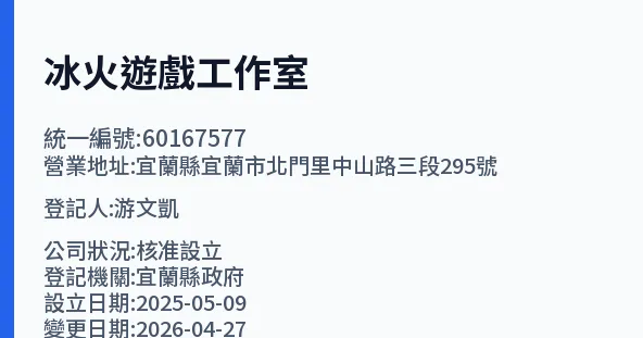 冰火遊戲工作室的照片-統編 60167577(宜蘭縣) 公司登記資料與營業項目詳細圖表