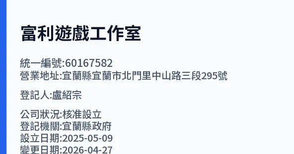 富利遊戲工作室的照片-統編 60167582(宜蘭縣) 公司登記資料與營業項目詳細圖表