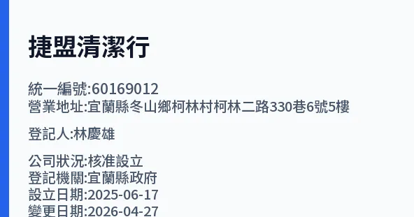 捷盟清潔行的照片-統編 60169012(宜蘭縣) 公司登記資料與營業項目詳細圖表