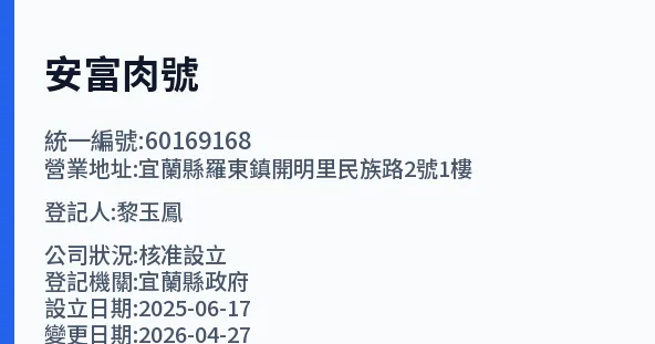 安富肉號的照片-統編 60169168(宜蘭縣) 公司登記資料與營業項目詳細圖表