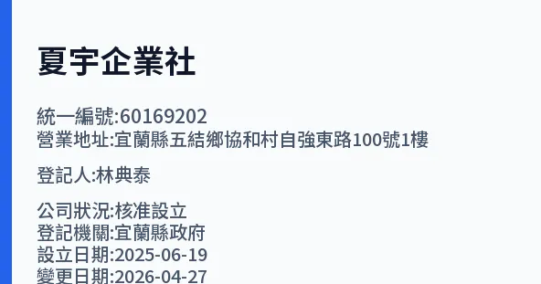 夏宇企業社的照片-統編 60169202(宜蘭縣) 公司登記資料與營業項目詳細圖表