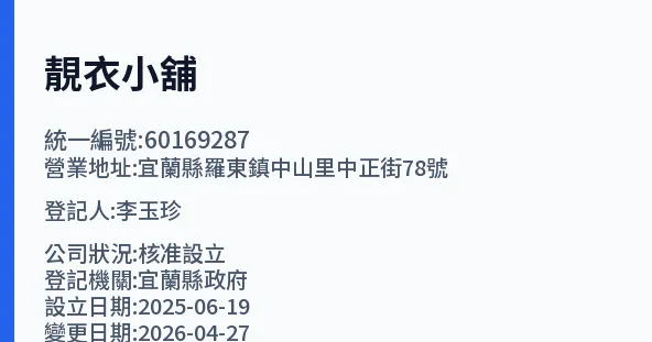 靚衣小舖的照片-統編 60169287(宜蘭縣) 公司登記資料與營業項目詳細圖表