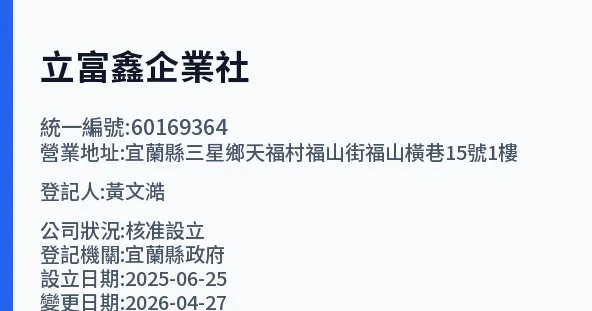 立富鑫企業社的照片-統編 60169364(宜蘭縣) 公司登記資料與營業項目詳細圖表