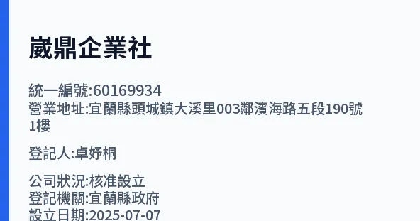 崴鼎企業社的照片-統編 60169934(宜蘭縣) 公司登記資料與營業項目詳細圖表