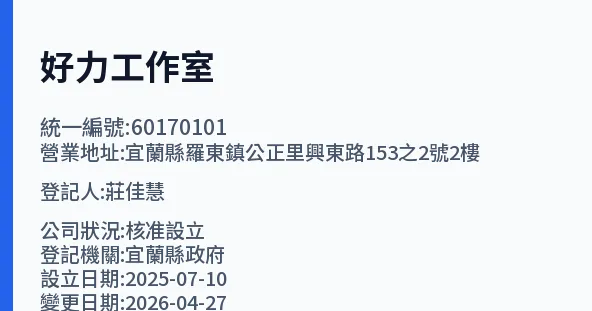 好力工作室的照片-統編 60170101(宜蘭縣) 公司登記資料與營業項目詳細圖表