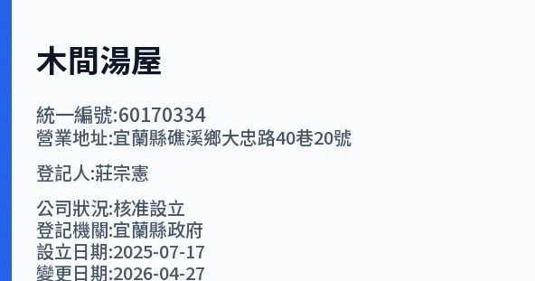 木間湯屋的照片-統編 60170334(宜蘭縣) 公司登記資料與營業項目詳細圖表