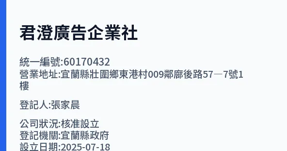 君澄廣告企業社的照片-統編 60170432(宜蘭縣) 公司登記資料與營業項目詳細圖表