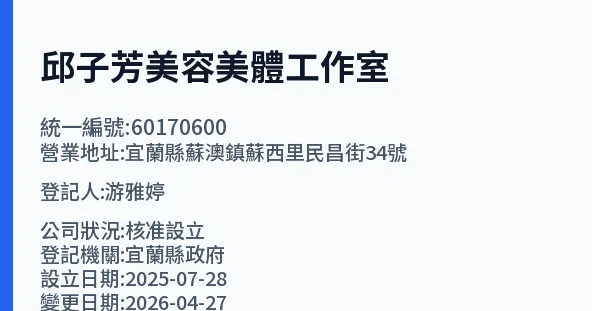 邱子芳美容美體工作室的照片-統編 60170600(宜蘭縣) 公司登記資料與營業項目詳細圖表