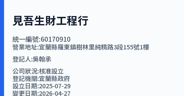 見吾生財工程行的照片-統編 60170910(宜蘭縣) 公司登記資料與營業項目詳細圖表