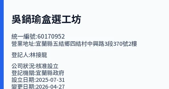 吳鍋瑜盒選工坊的照片-統編 60170952(宜蘭縣) 公司登記資料與營業項目詳細圖表