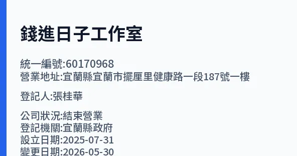 錢進日子工作室的照片-統編 60170968(宜蘭縣) 公司登記資料與營業項目詳細圖表