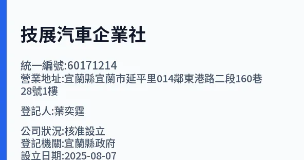 技展汽車企業社的照片-統編 60171214(宜蘭縣) 公司登記資料與營業項目詳細圖表