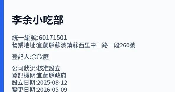 李余小吃部的照片-統編 60171501(宜蘭縣) 公司登記資料與營業項目詳細圖表