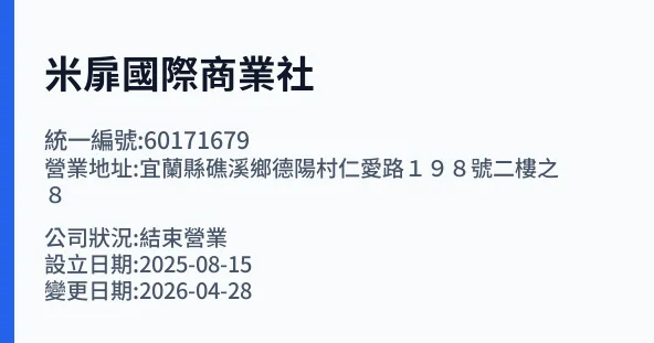 米扉國際商業社的照片-統編 60171679(宜蘭縣) 公司登記資料與營業項目詳細圖表