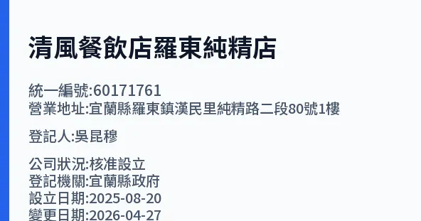 清風餐飲店羅東純精店的照片-統編 60171761(宜蘭縣) 公司登記資料與營業項目詳細圖表