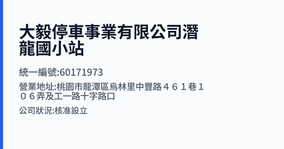 大毅停車事業有限公司潛龍國小站 - 統編 60171973(桃園市) 公司登記資料與營業項目詳細圖表