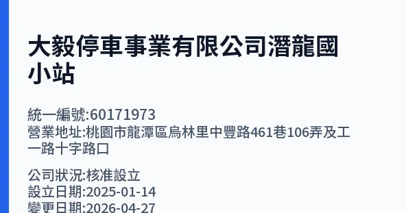 大毅停車事業有限公司潛龍國小站的照片-統編 60171973(桃園市) 公司登記資料與營業項目詳細圖表