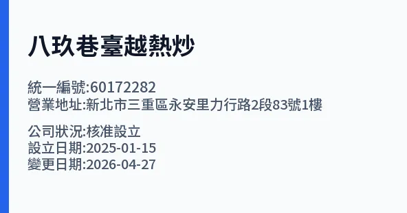 八玖巷臺越熱炒的照片-統編 60172282(新北市) 公司登記資料與營業項目詳細圖表