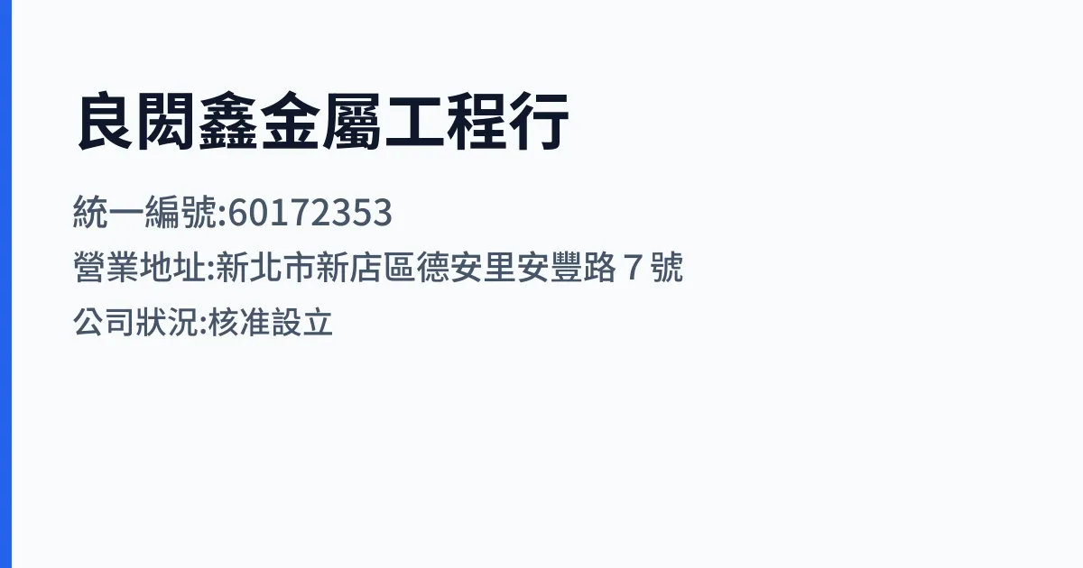 良閎鑫金屬工程行 - 統編 60172353 (新北市) 公司登記資料與營業項目詳細圖表