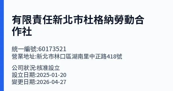 有限責任新北市杜格納勞動合作社的照片-統編 60173521(新北市) 公司登記資料與營業項目詳細圖表