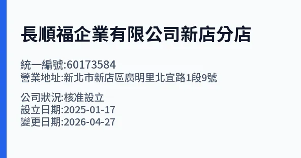 長順福企業有限公司新店分店的照片-統編 60173584(新北市) 公司登記資料與營業項目詳細圖表